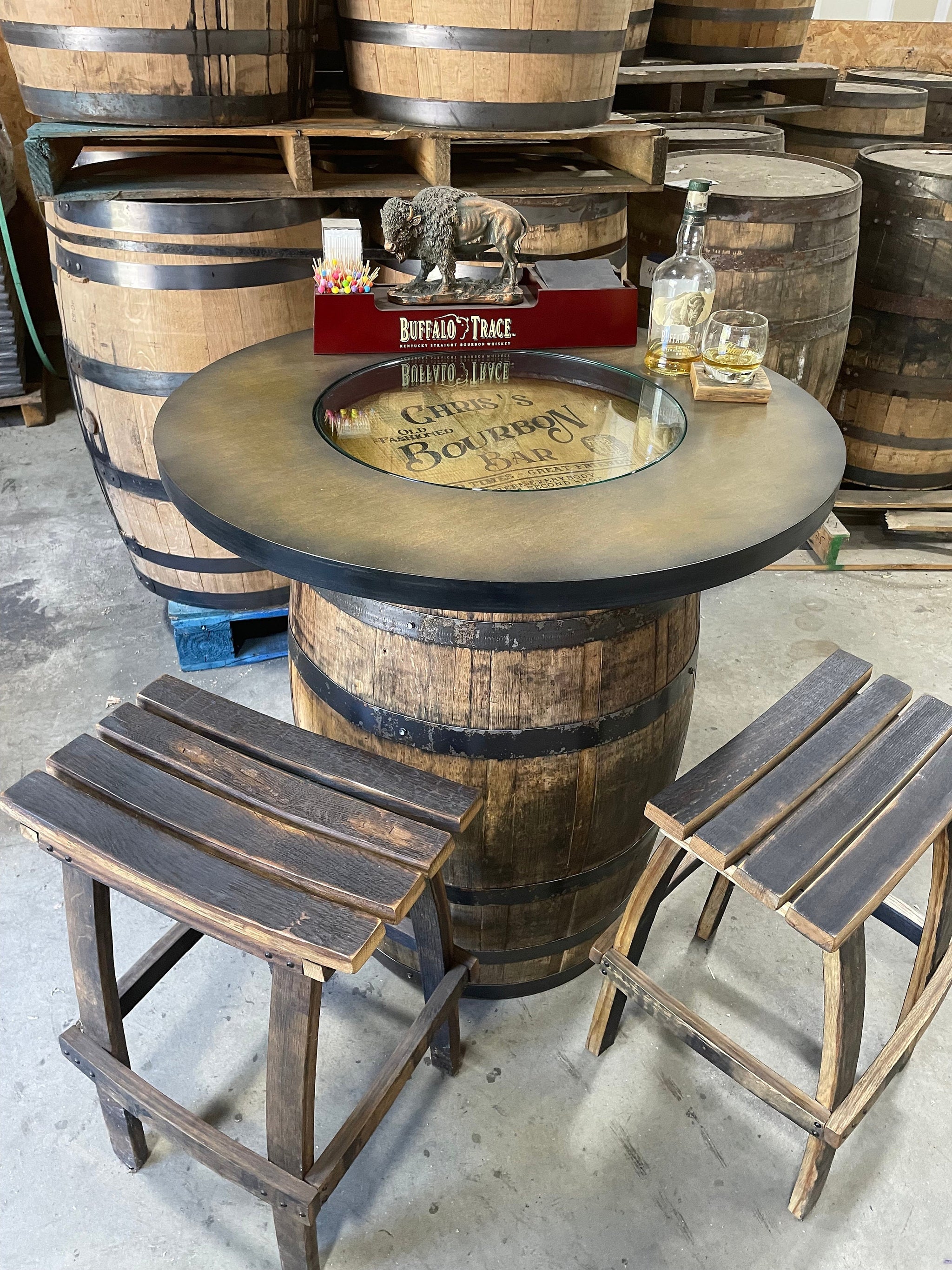 Custom made Bourbon Barrel Bistro/Pub Table Table with cabinet base an ...